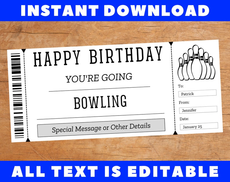 Bowling Birthday Gift Ticket Template, Bowling Birthday Certificate ...