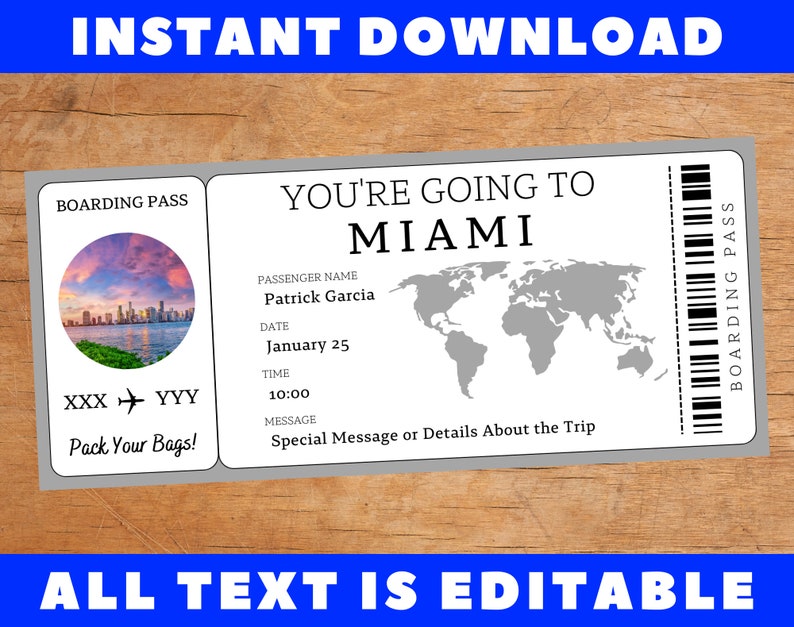 Miami Boarding Pass Ticket Template, Surprise Gift Airline Airplane ... Miami Boarding Pass Ticket Template, Surprise Gift Airline Airplane ...