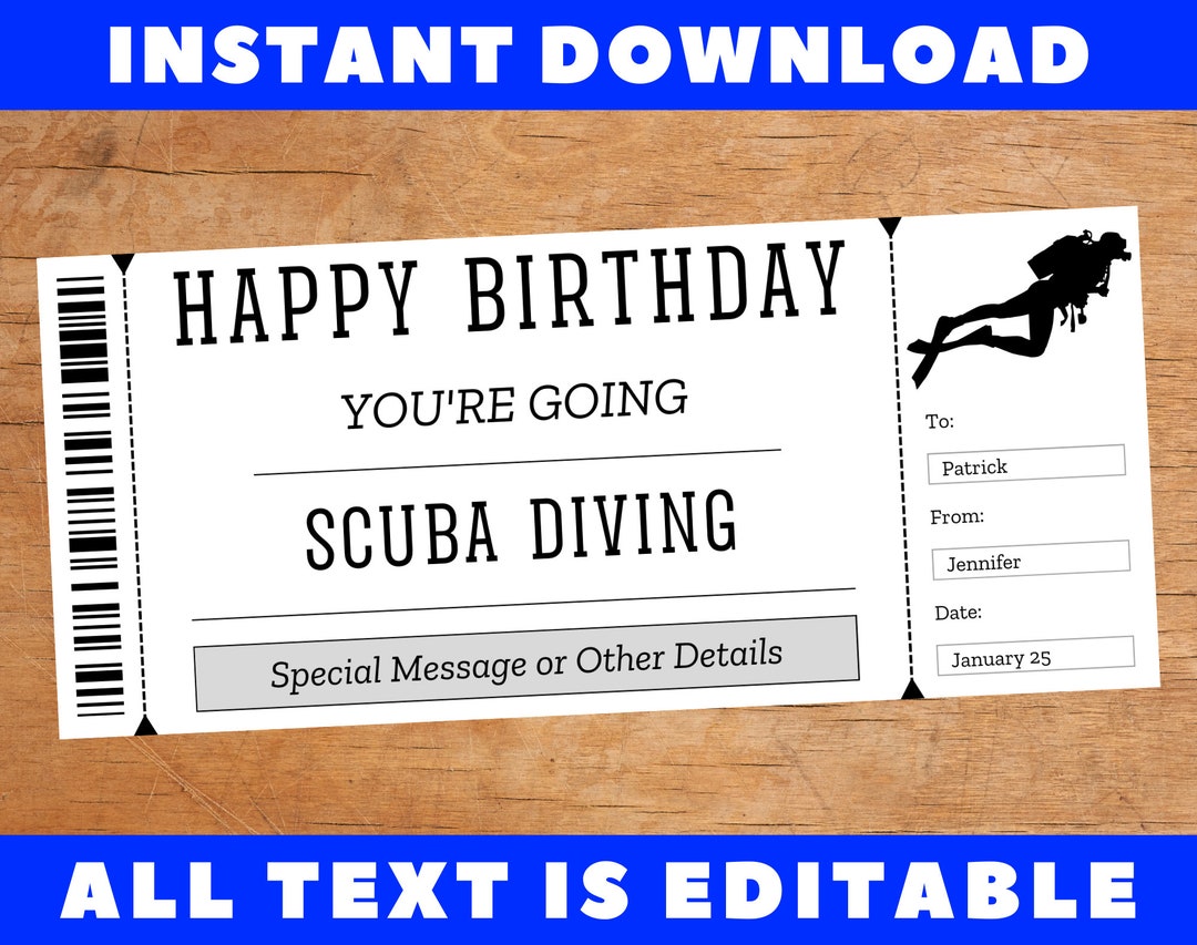 Scuba Diving Birthday Gift Ticket Template, Scuba Diving Birthday ...