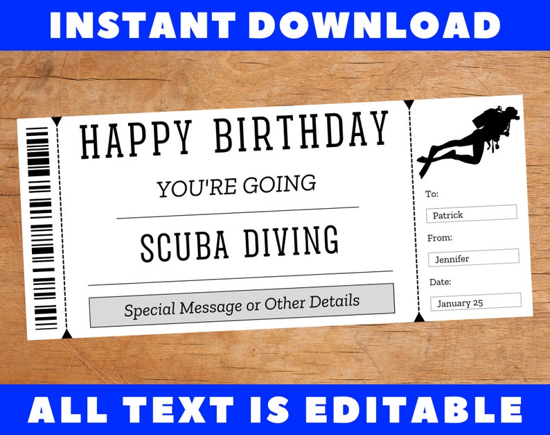 Scuba Diving Birthday Gift Ticket Template, Scuba Diving Birthday ...