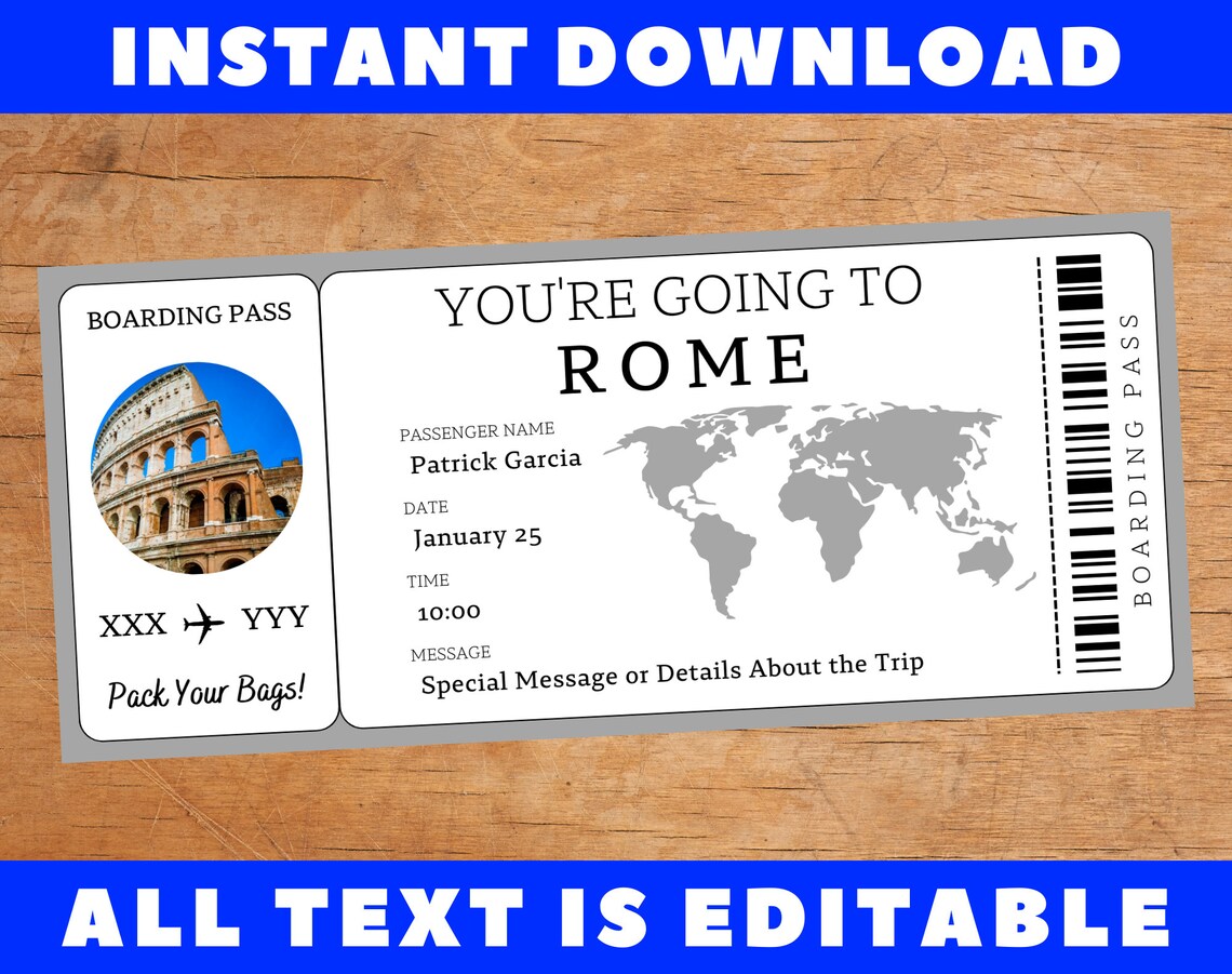 Rome Boarding Pass Ticket Template, Surprise Gift Airline Airplane ...