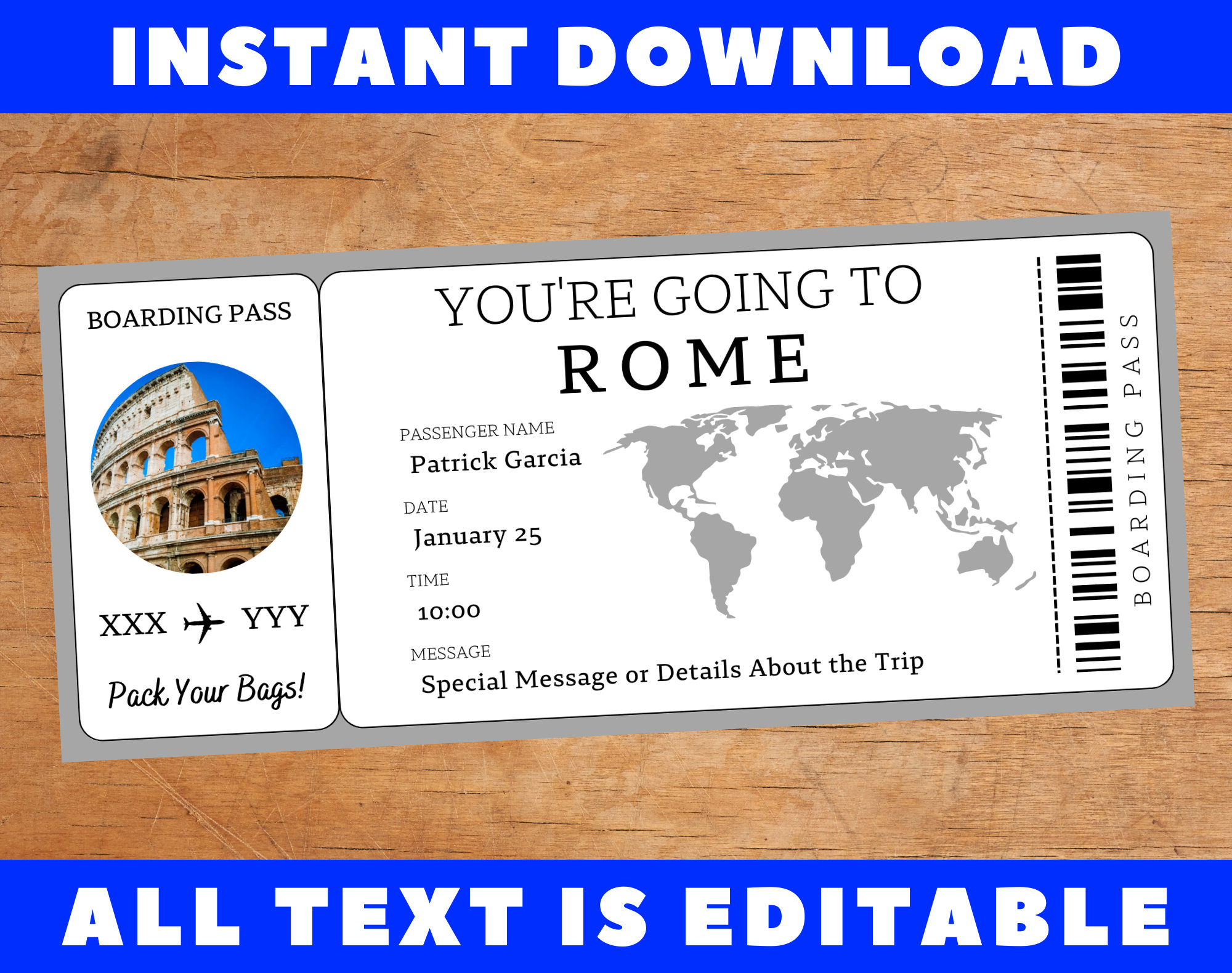 Rome Boarding Pass Ticket Template, Surprise Gift Airline Airplane ...