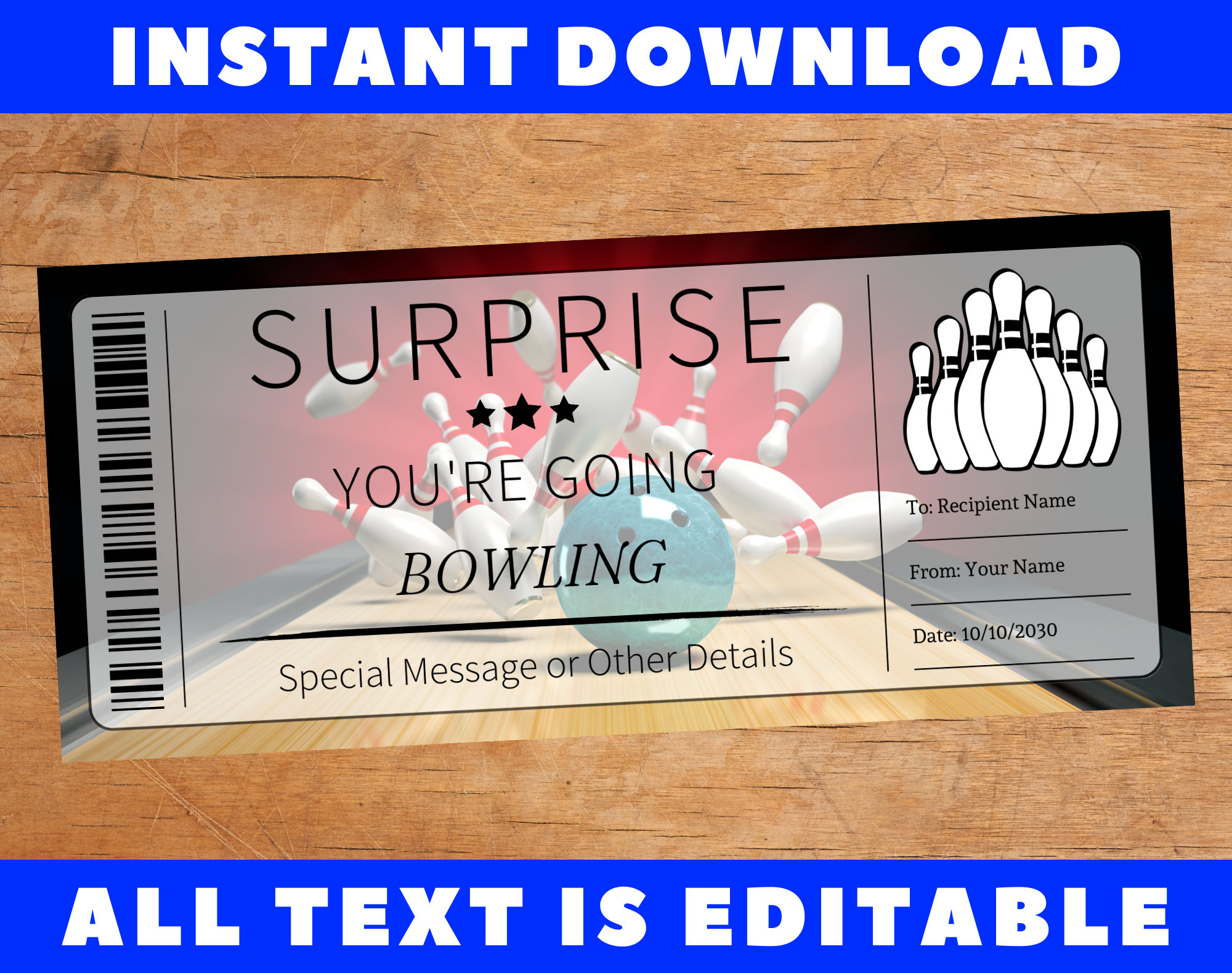 Surprise Bowling Gift Ticket, Surprise Bowling Certificate Card Coupon ...