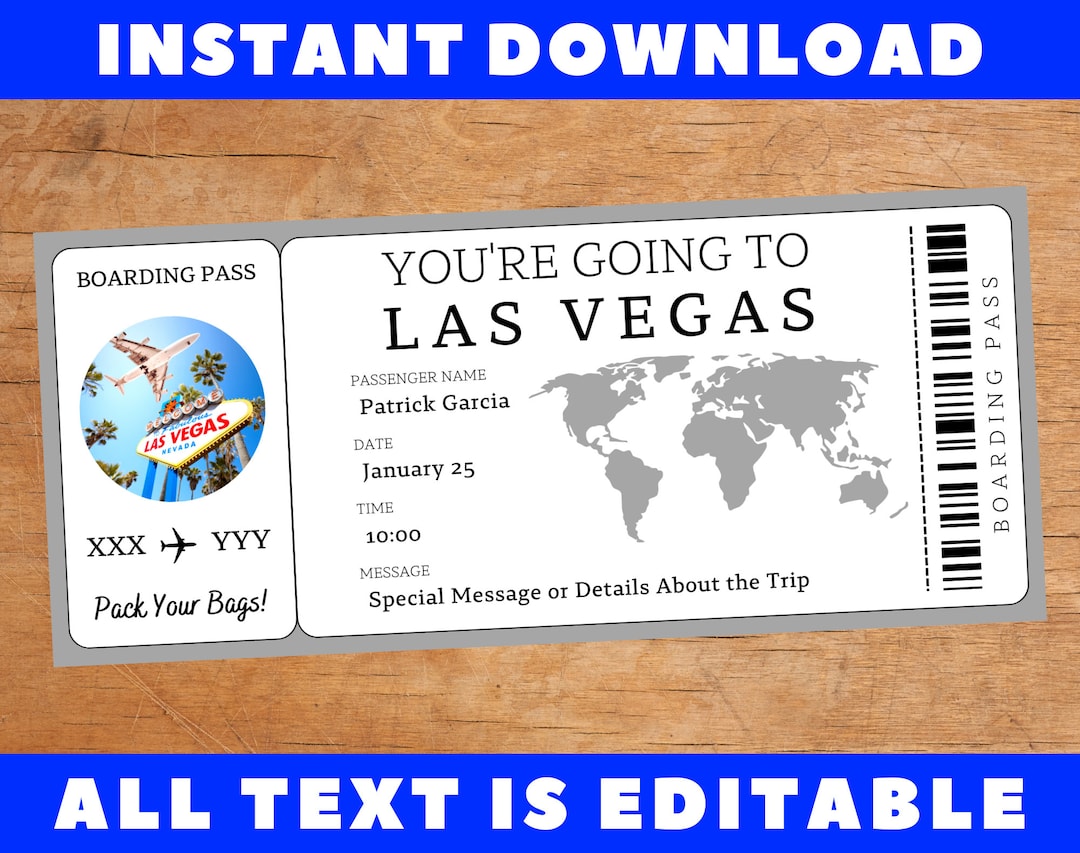 Las Vegas Boarding Pass Ticket Template, Surprise Gift Airline Airplane ...