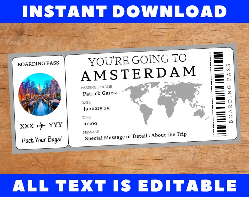 Amsterdam Boarding Pass Ticket Template, Surprise Gift Airline Airplane ...