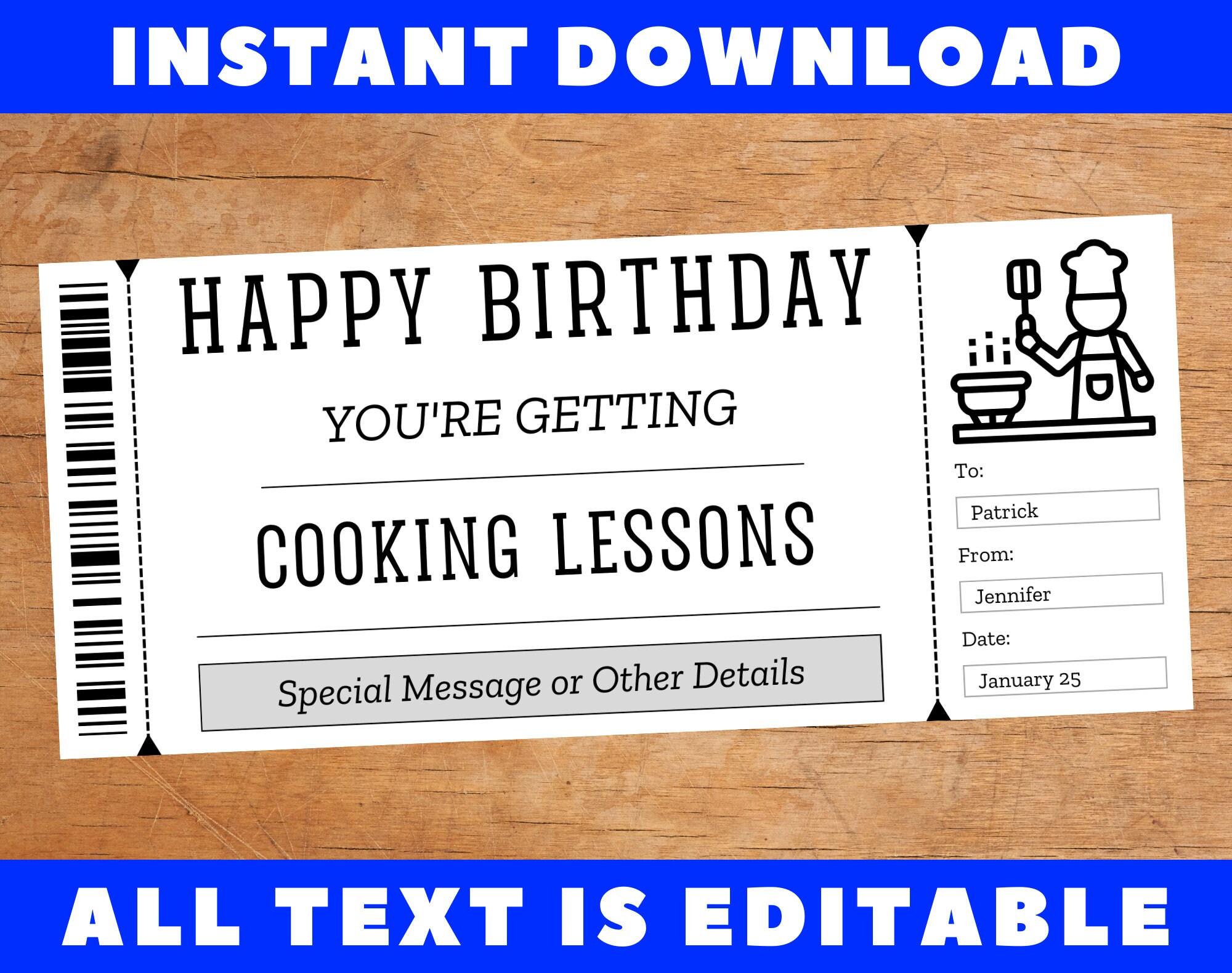 Cooking Lessons Birthday Gift Ticket Template, Cooking Lessons Birthday ...