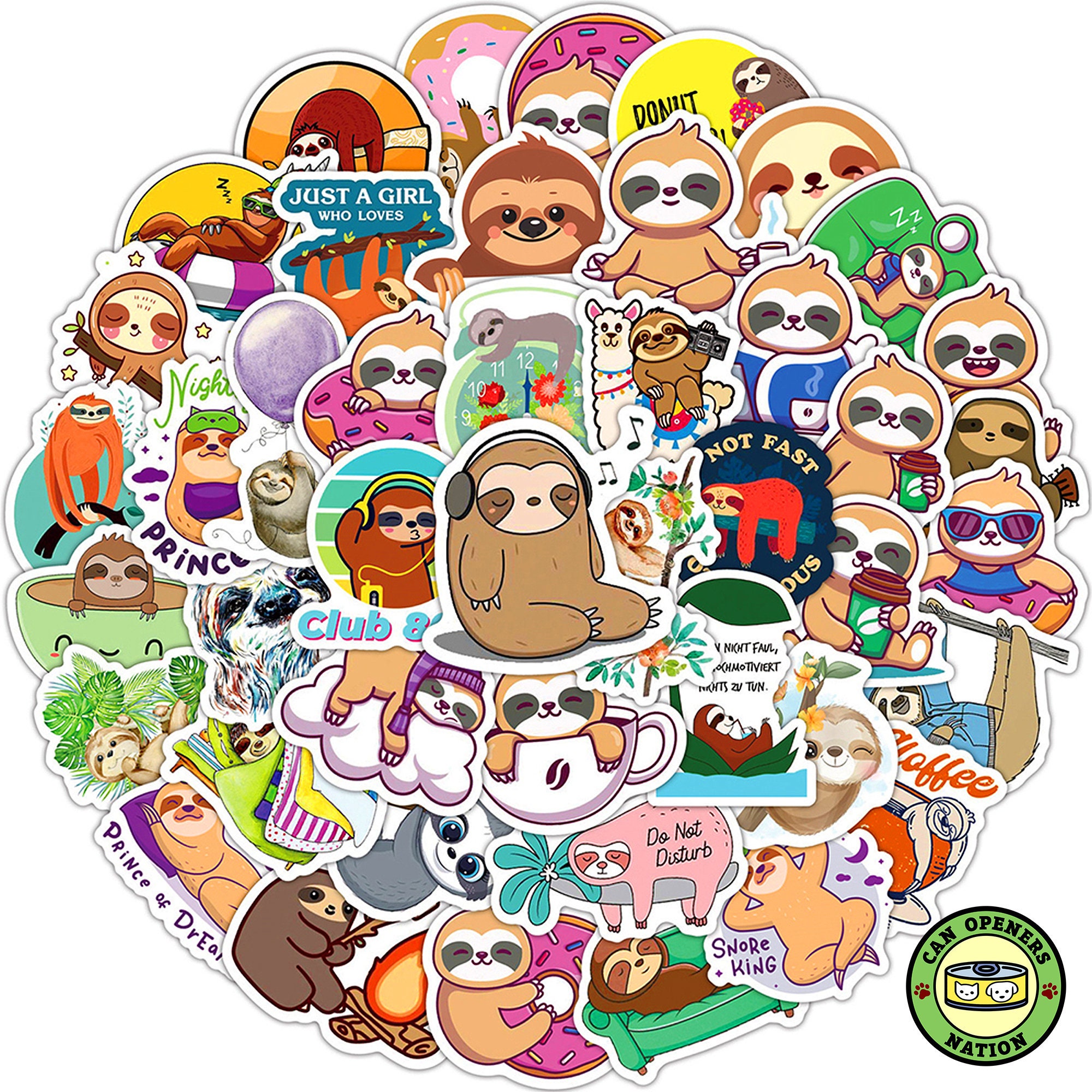 50 Cute SLOTH Stickers Pack, Kawaii Cartoon Style Vinyl Waterproof Laze ...