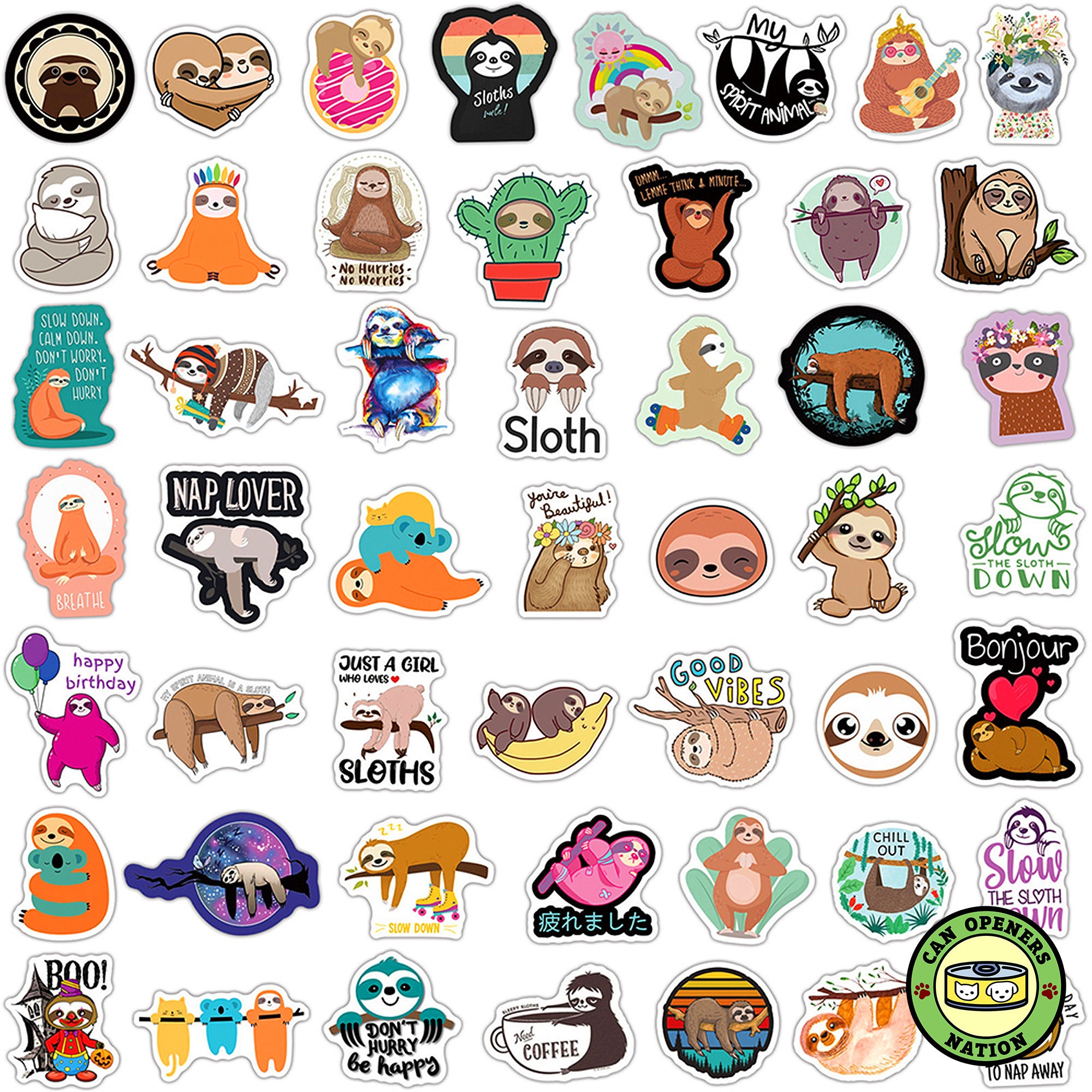 50 Cute SLOTH Stickers Pack, Kawaii Cartoon Style Vinyl Waterproof Laze ...