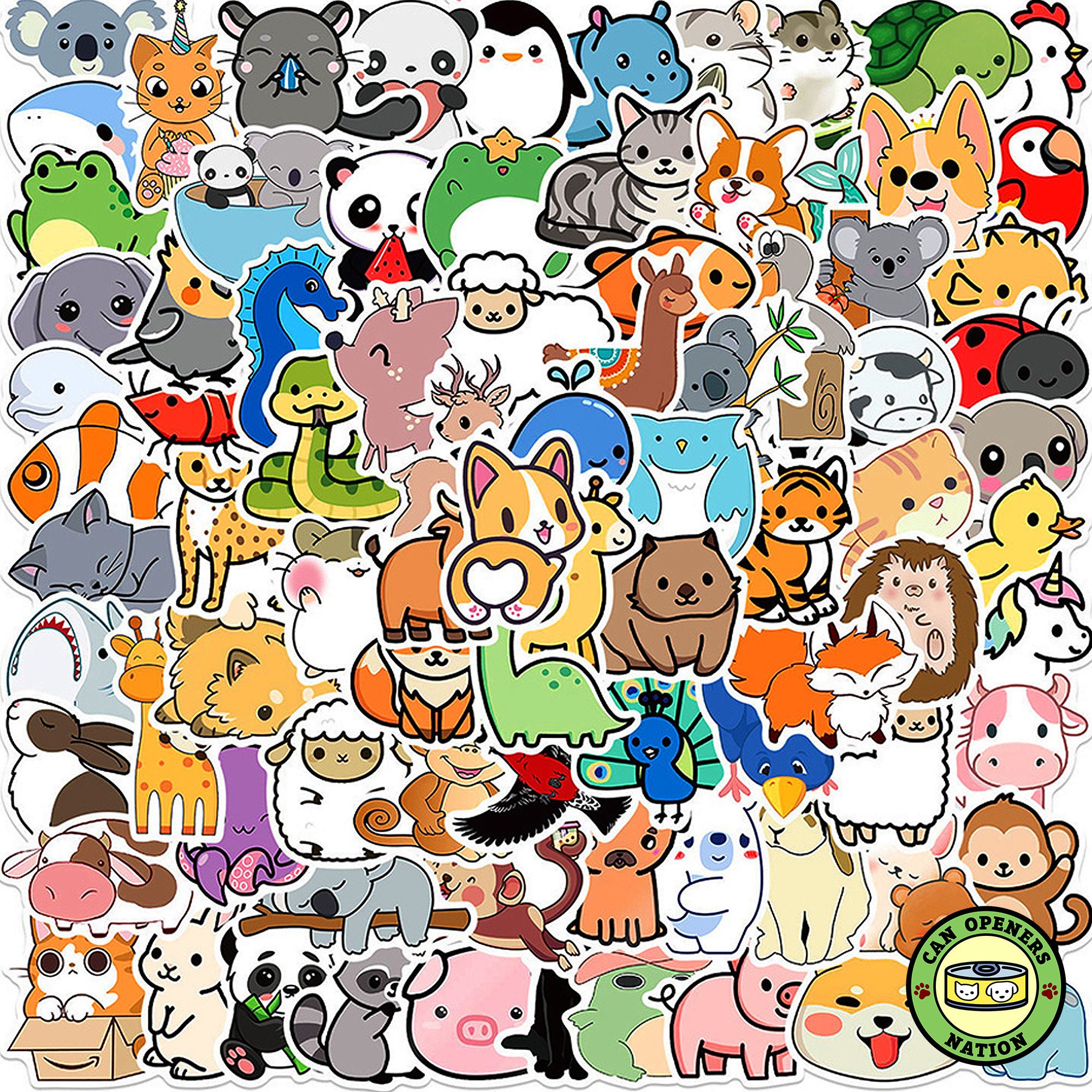 50 Cute ANIMALS Stickers Pack, Kawaii Cartoon Style Vinyl Waterproof ...