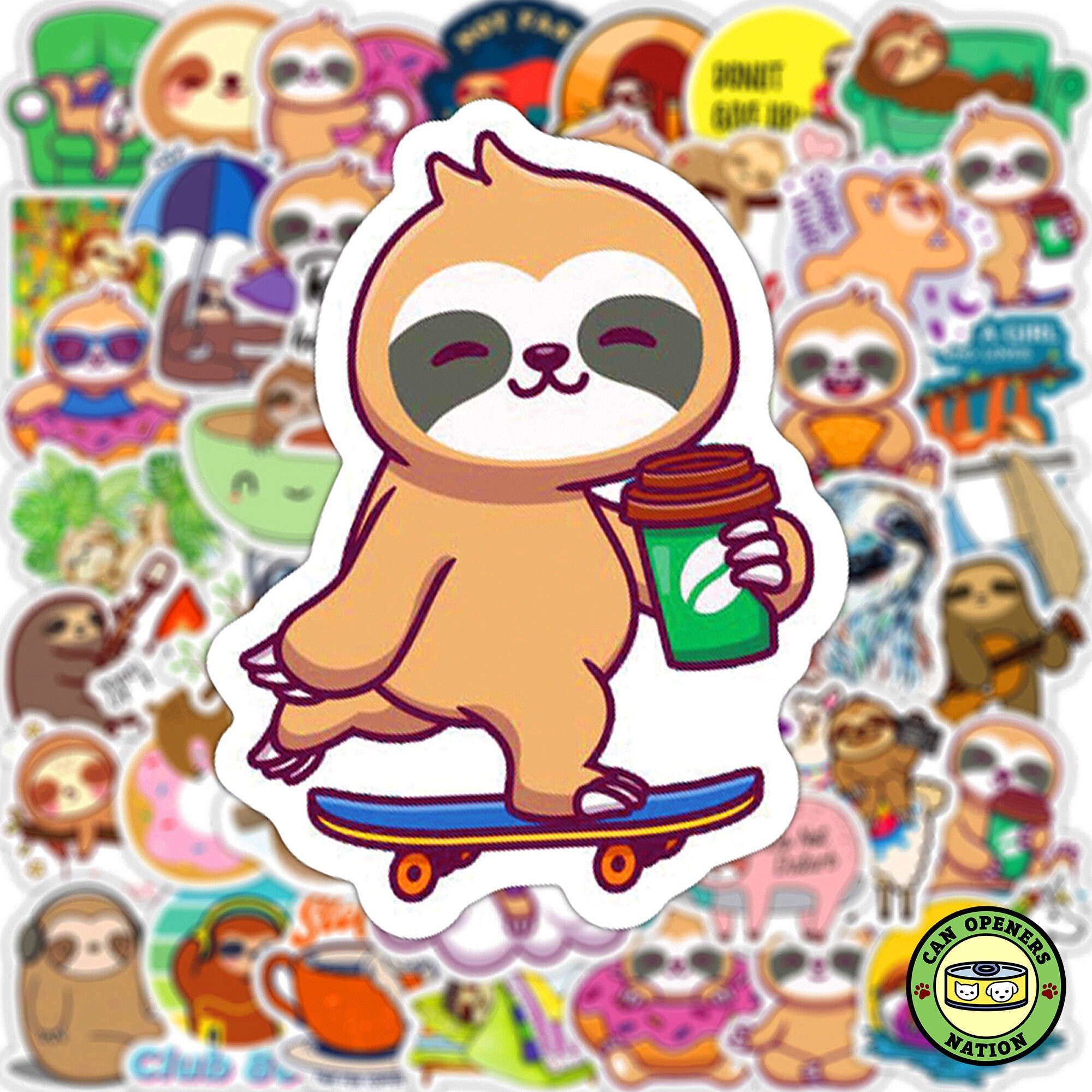 50 Cute SLOTH Stickers Pack, Kawaii Cartoon Style Vinyl Waterproof Laze ...