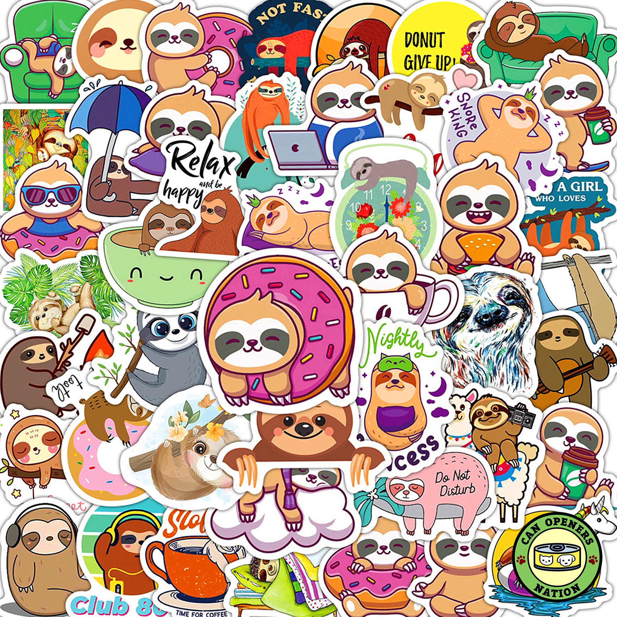 50 Cute SLOTH Stickers Pack, Kawaii Cartoon Style Vinyl Waterproof Laze ...