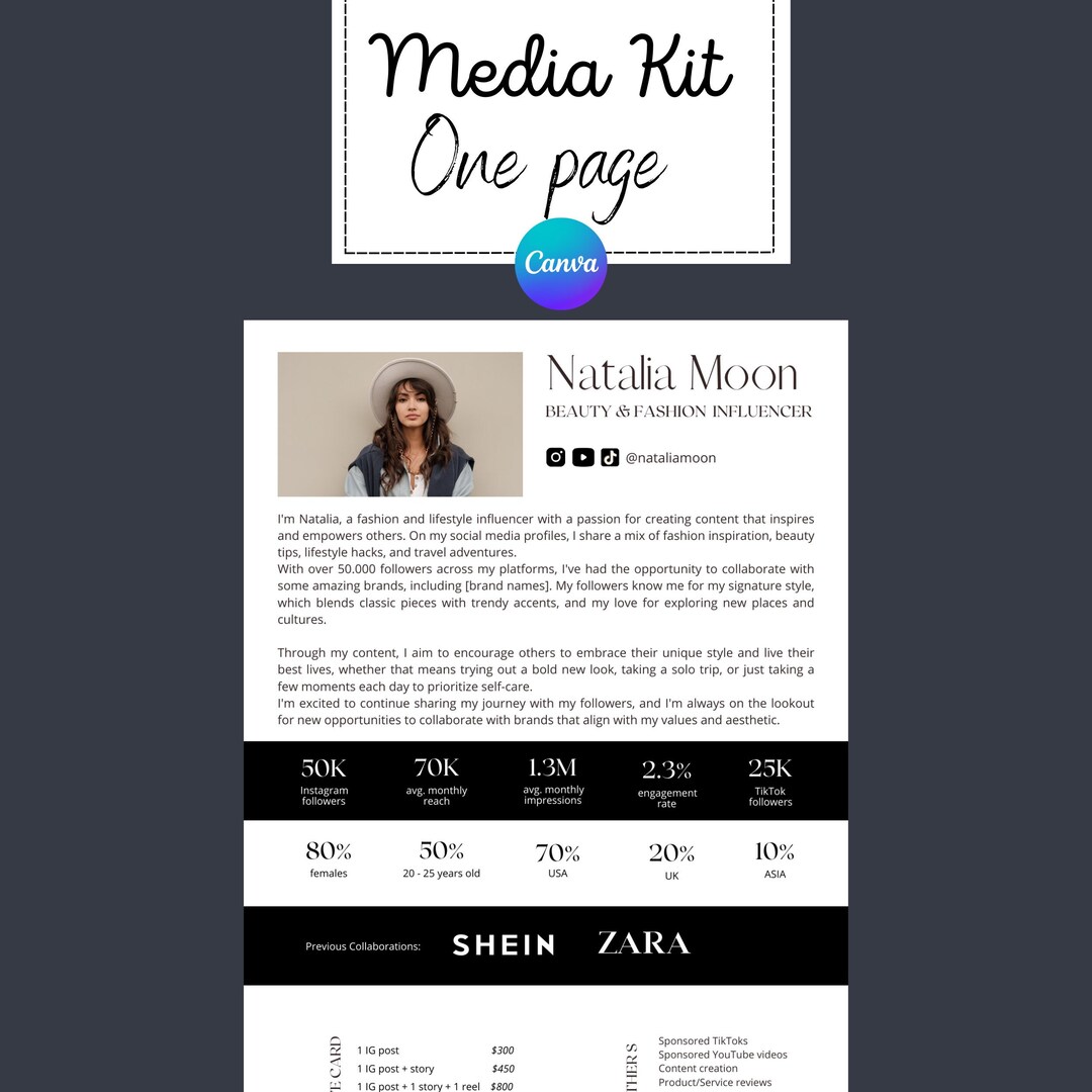 Influencer Media Kit One Page Media Kit Template UGC Customizable Media ...