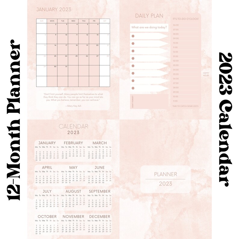 Pink Watercolor Planner + Motivational Quotes - 2023 Monthly Planner ...