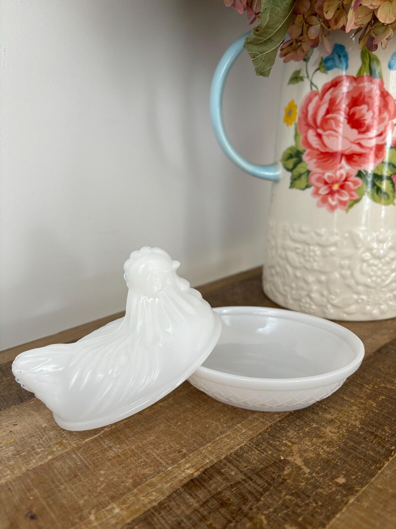 Vintage Hazel Atlas White Milk Glass Chicken Hen on Nest Covered Dish ...