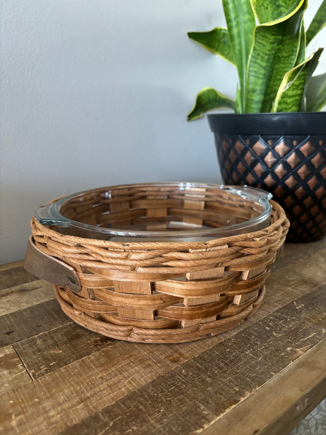 Vintage Pyrex Baking Dish and Wicker Corning Basket Leather Handles ...