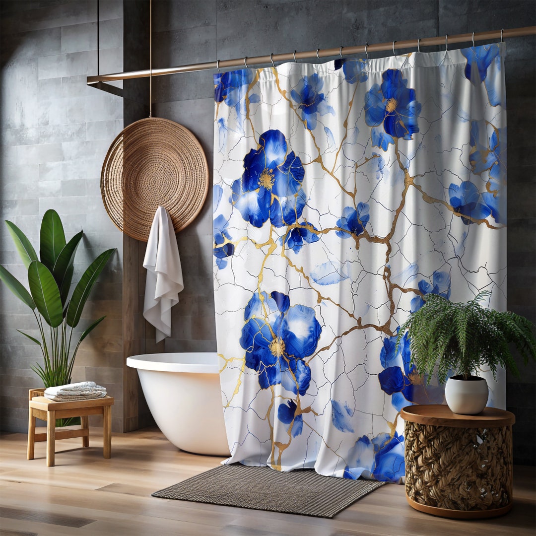 Shower Curtain, Japanese Bathroom, Floral Bathroom, Blue Shower Curtain ...