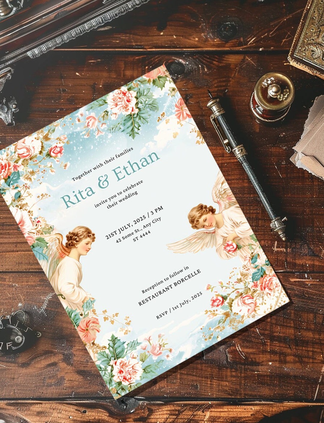 Wedding Invitation Template, Guardian Angel Invitation, Vintage Style ...