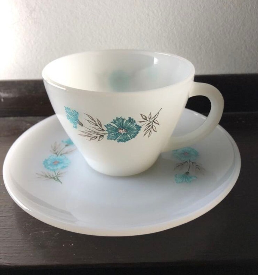 Fire King Tea Cup & Saucer | Milk Glass | Bonnie Blue Flower Pattern ...