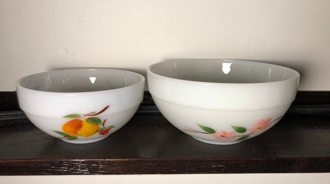 Fire King Bowls Set of 2 Hand Painted Milk Glass Bowls Made in the USA ...