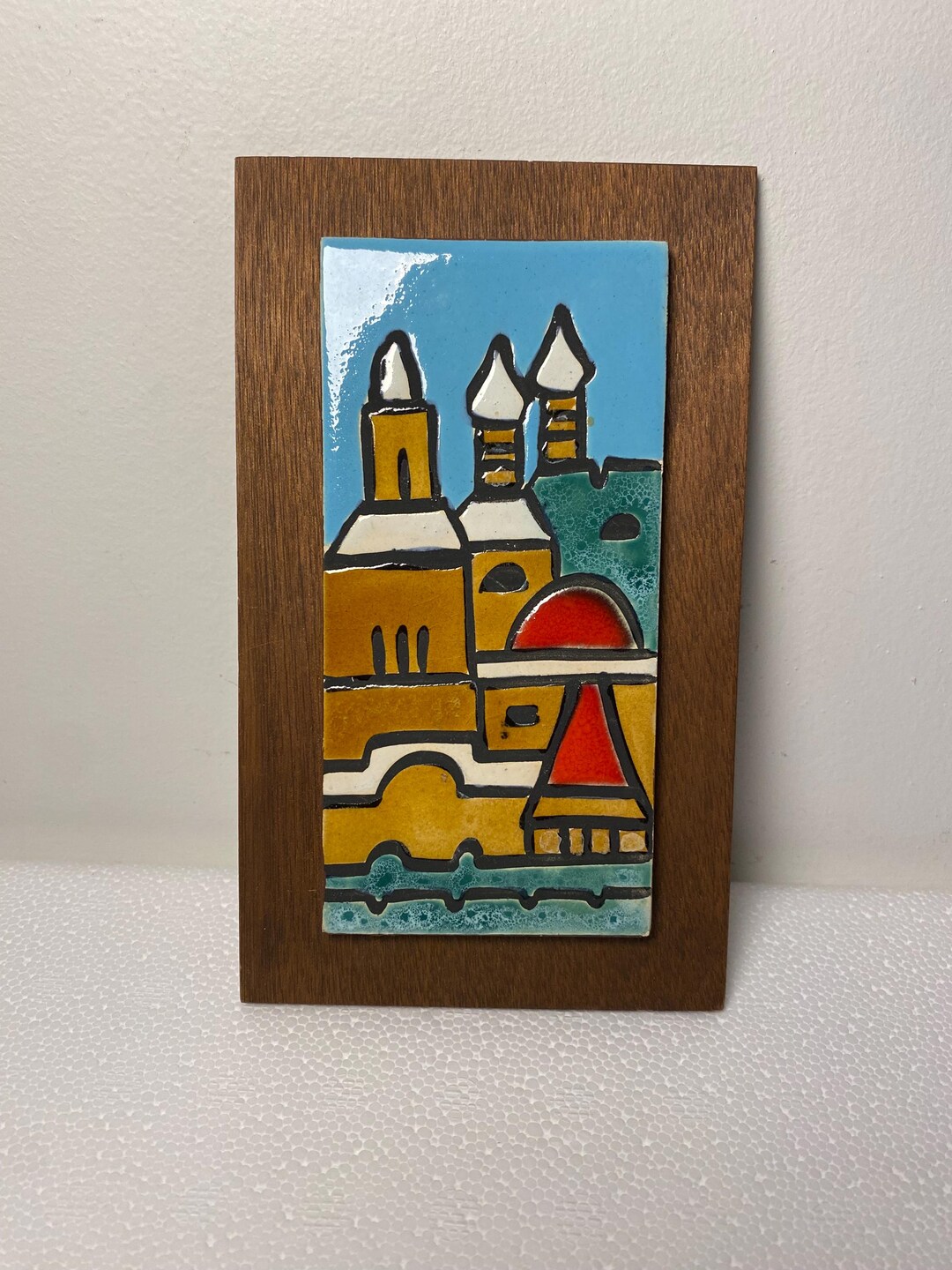 Vintage JERUSALEM ISRAEL TILE Wall Plaque Ceramic & Wood Appx 7.5" Tall ...