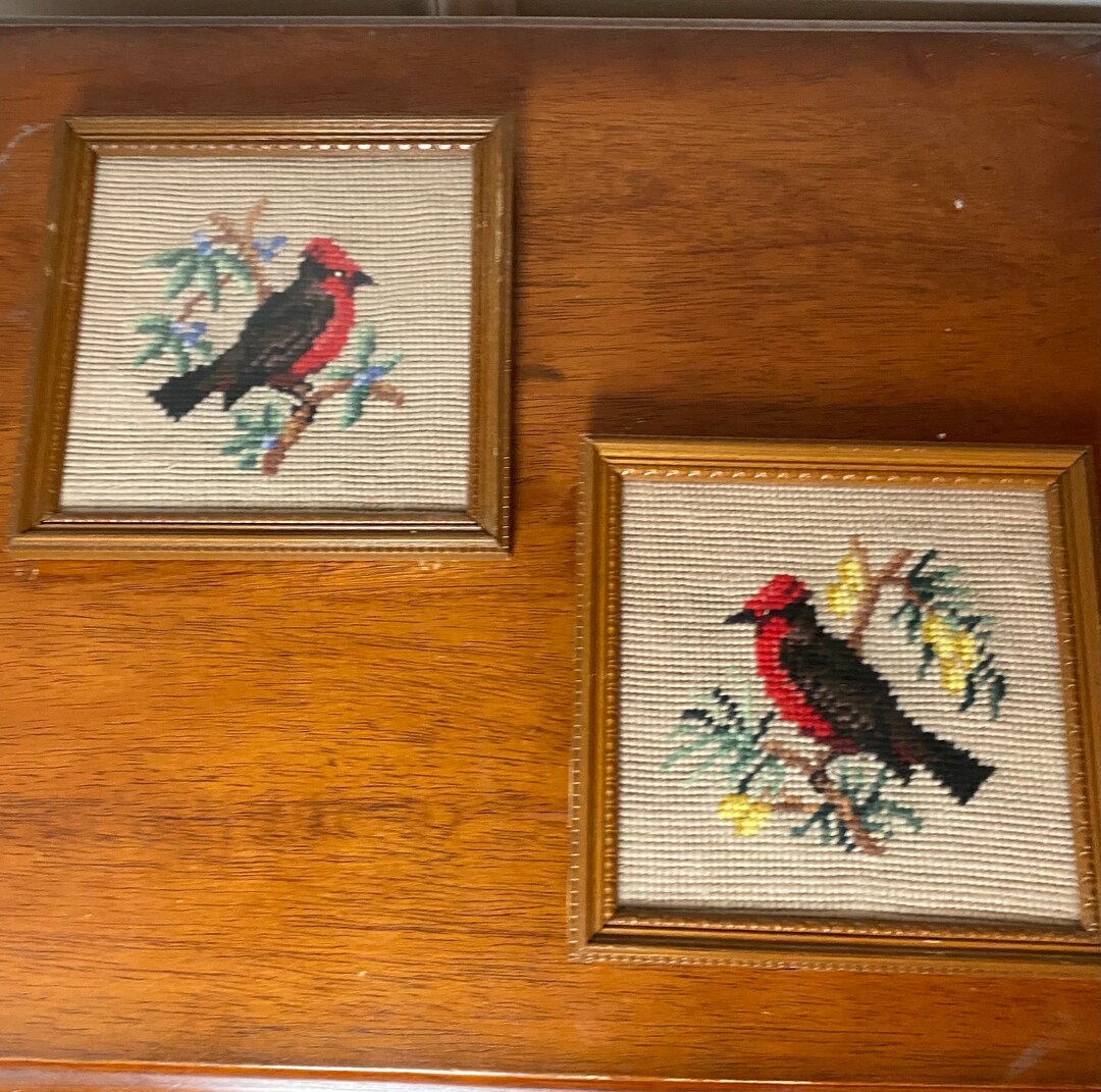 Cardinal Needlepoint Wall Decor Set of 2 Framed Wall Hangings Birds ...
