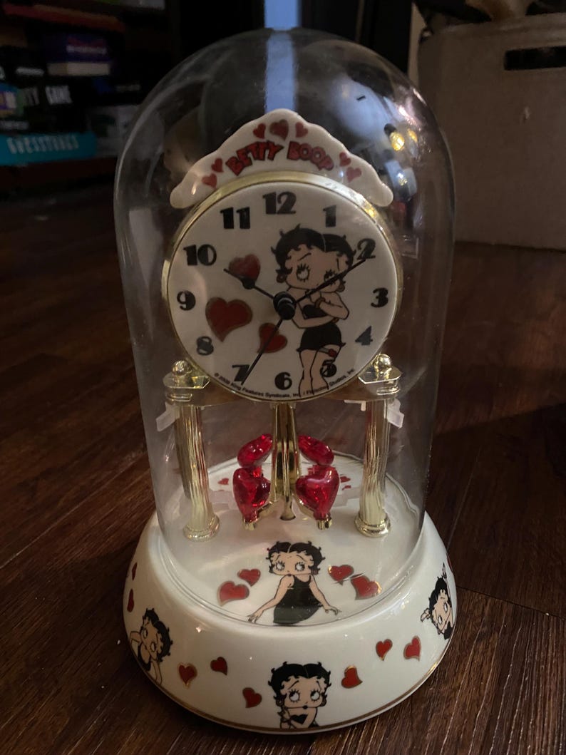 Betty Boop Anniversary Clock Vintage Porcelain With Glass Dome Original Box Collectable Cartoon ...