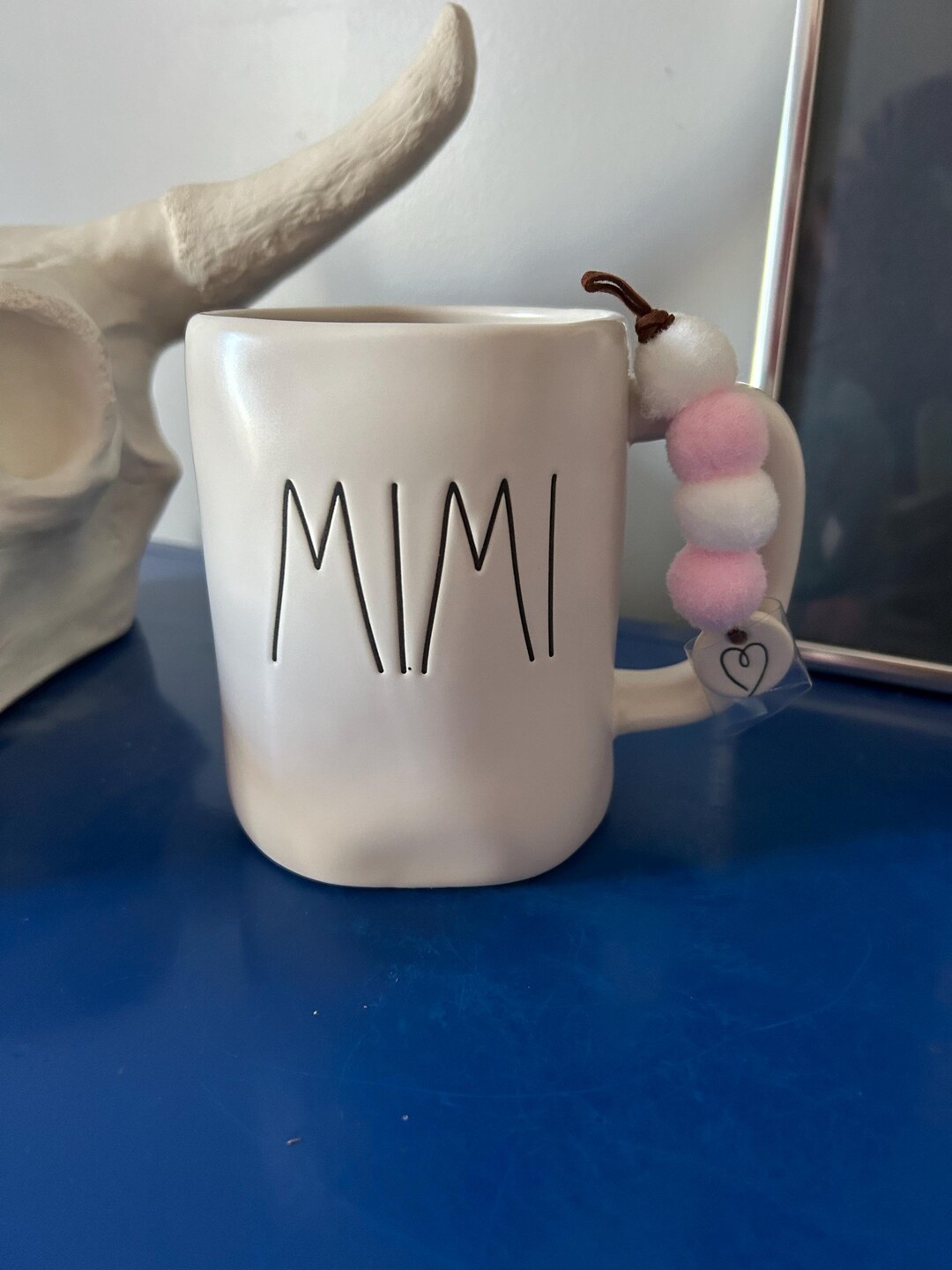 Rae Dunn White Mimi Mug With Pom Pom Keychain With Heart - Etsy