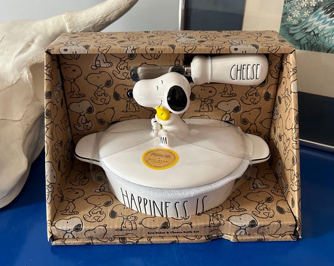 Rae Dunn Peanuts Snoopy and Woodstock Happiness Brie Baker and Cheese ...
