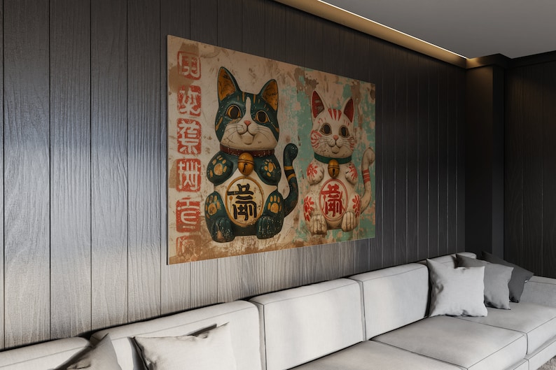 Maneki Neko Art, Maneki Neko Painting, Gift for Cat Lover, Japanese ...