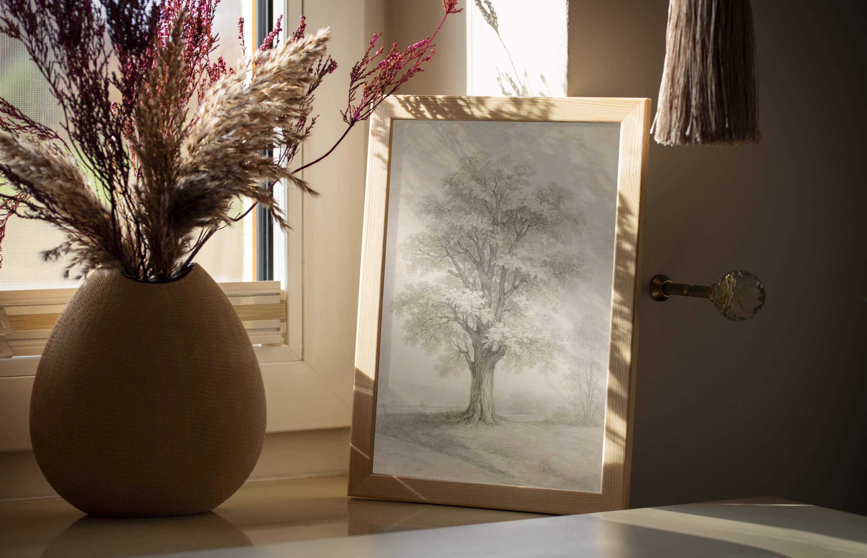 Vintage Tree Drawing Sketch Art Print, Grand Oak Tree, Pencil Drawing ...
