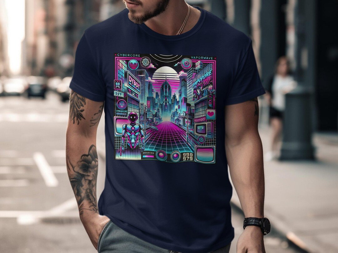 Cybercore Vaporwave T-shirt, Futuristic Neon City Street Graphic Tee ...
