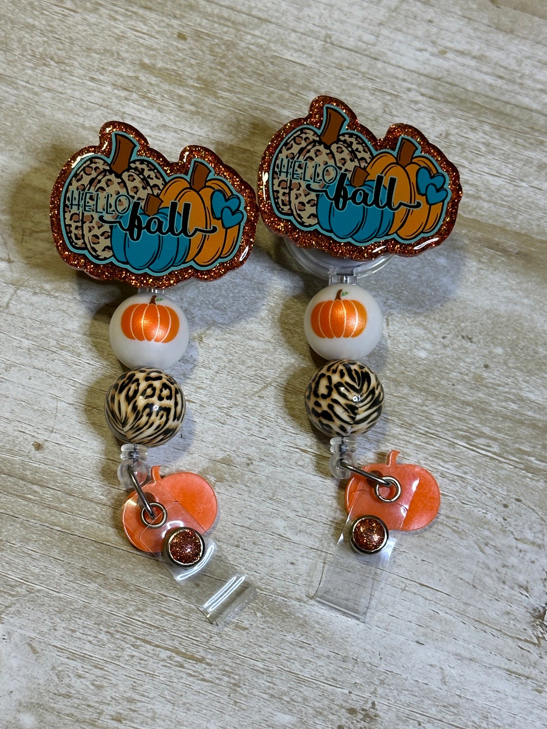 Hello Fall Badge Reel, Pumpkin Badge Reel, Leopard Pumpkin, Turquoise ...