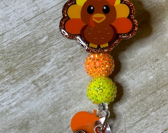 Thanksgiving Turkey Badge Reel on Blue, Wipeable Option - Etsy