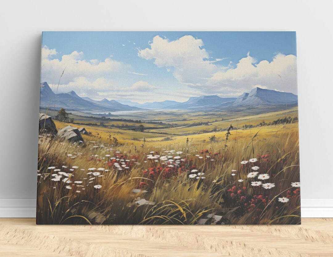 Landscape Painting, Grassland, Mountains, Green, Flowers, Digital ...