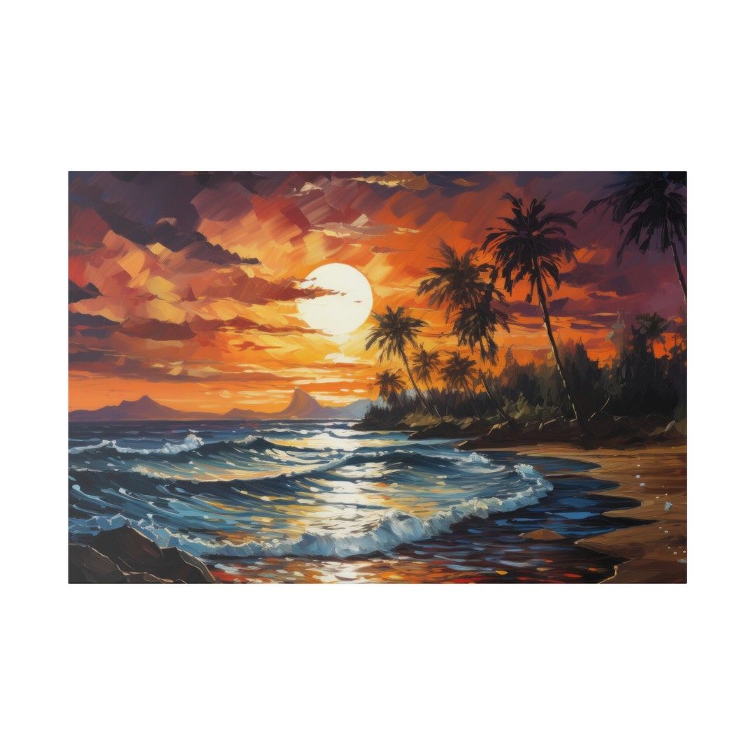 Legendecor Beach Sunset Oil Painting Print Palm Trees Waves Tropical ...