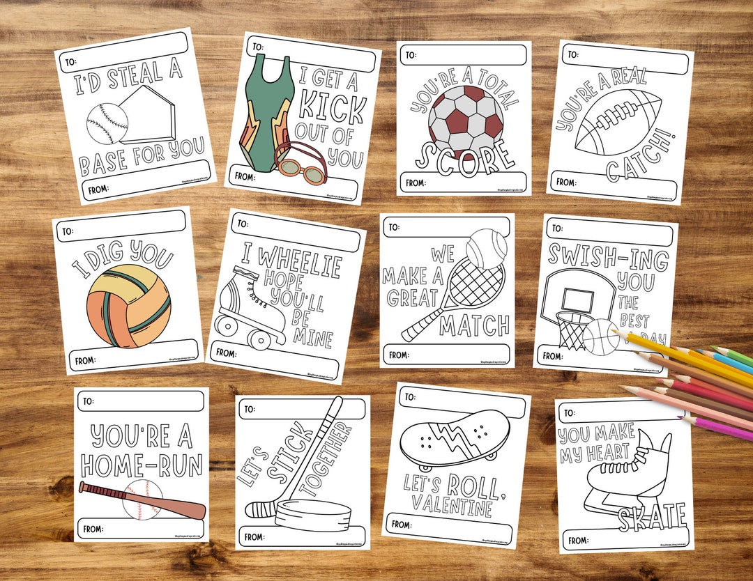 Printable Colorable SPORTS Valentines Day Cards | Kids Classroom Sports ...