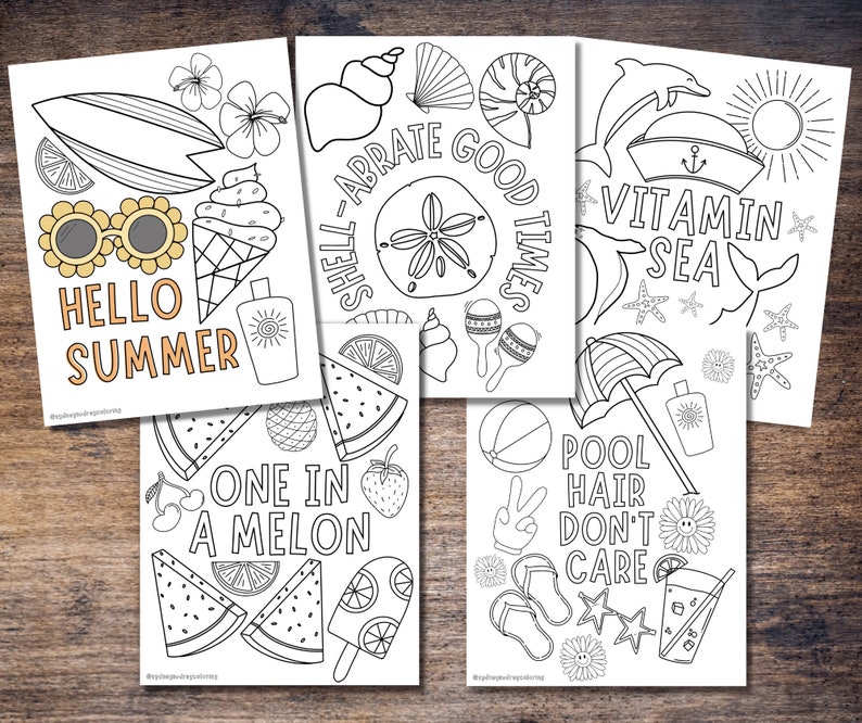 Summer Fun & Pun Coloring Page Printable Coloring Sheets - 5 Unique ...