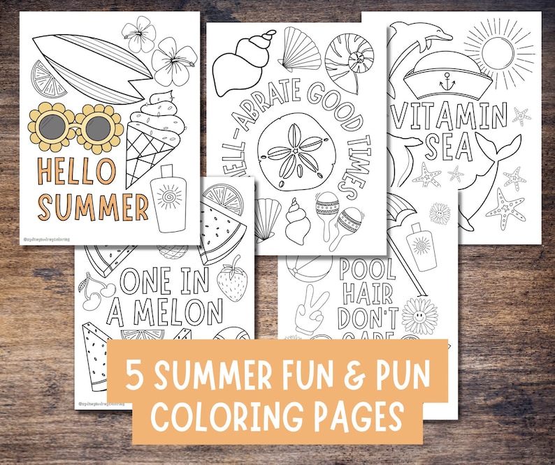 Summer Fun & Pun Coloring Page Printable Coloring Sheets - 5 Unique ...