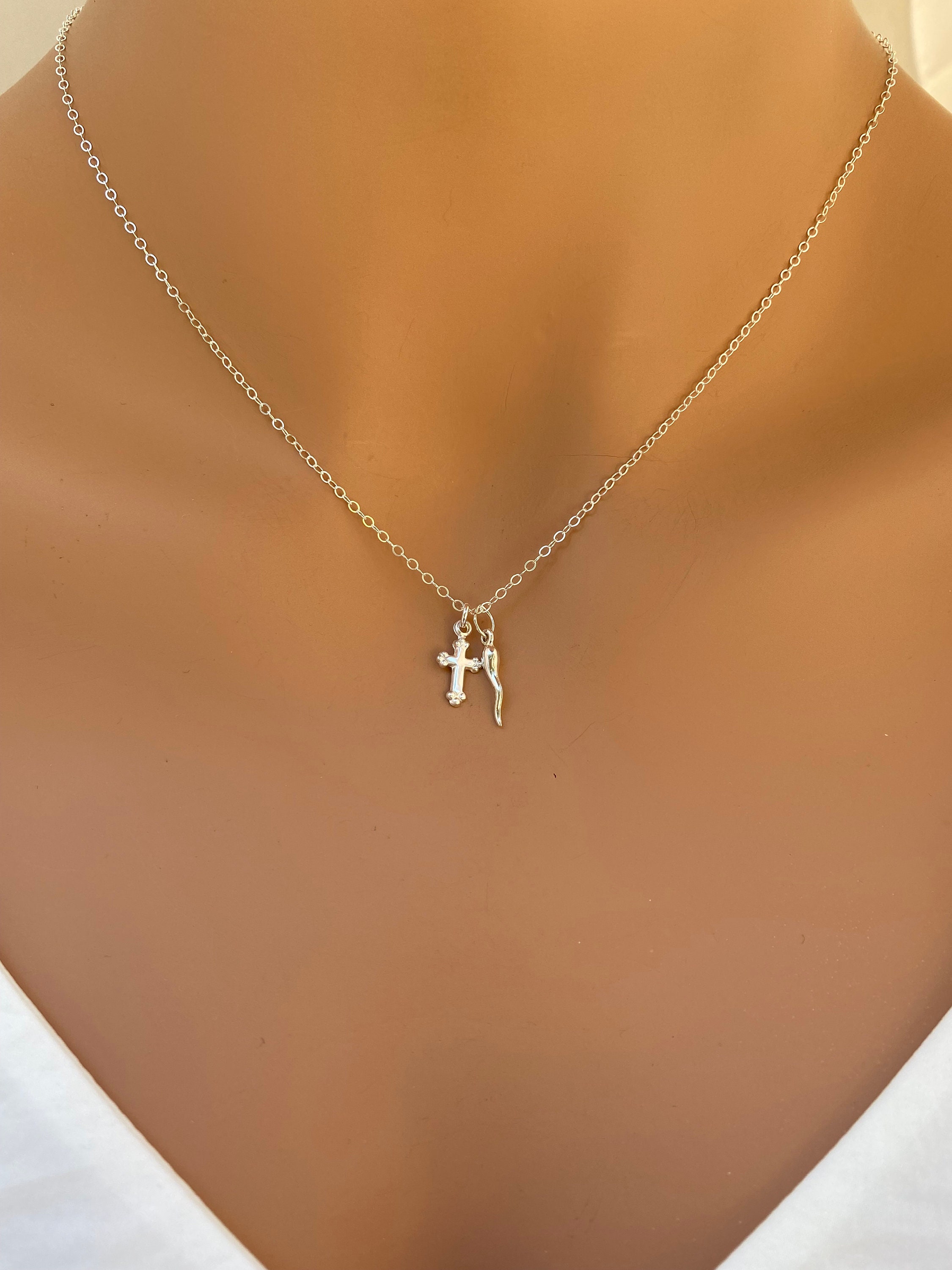 Tiny Italian Horn & Cross Pendant, 14k Gold Fill / Sterling Silver Tiny ...