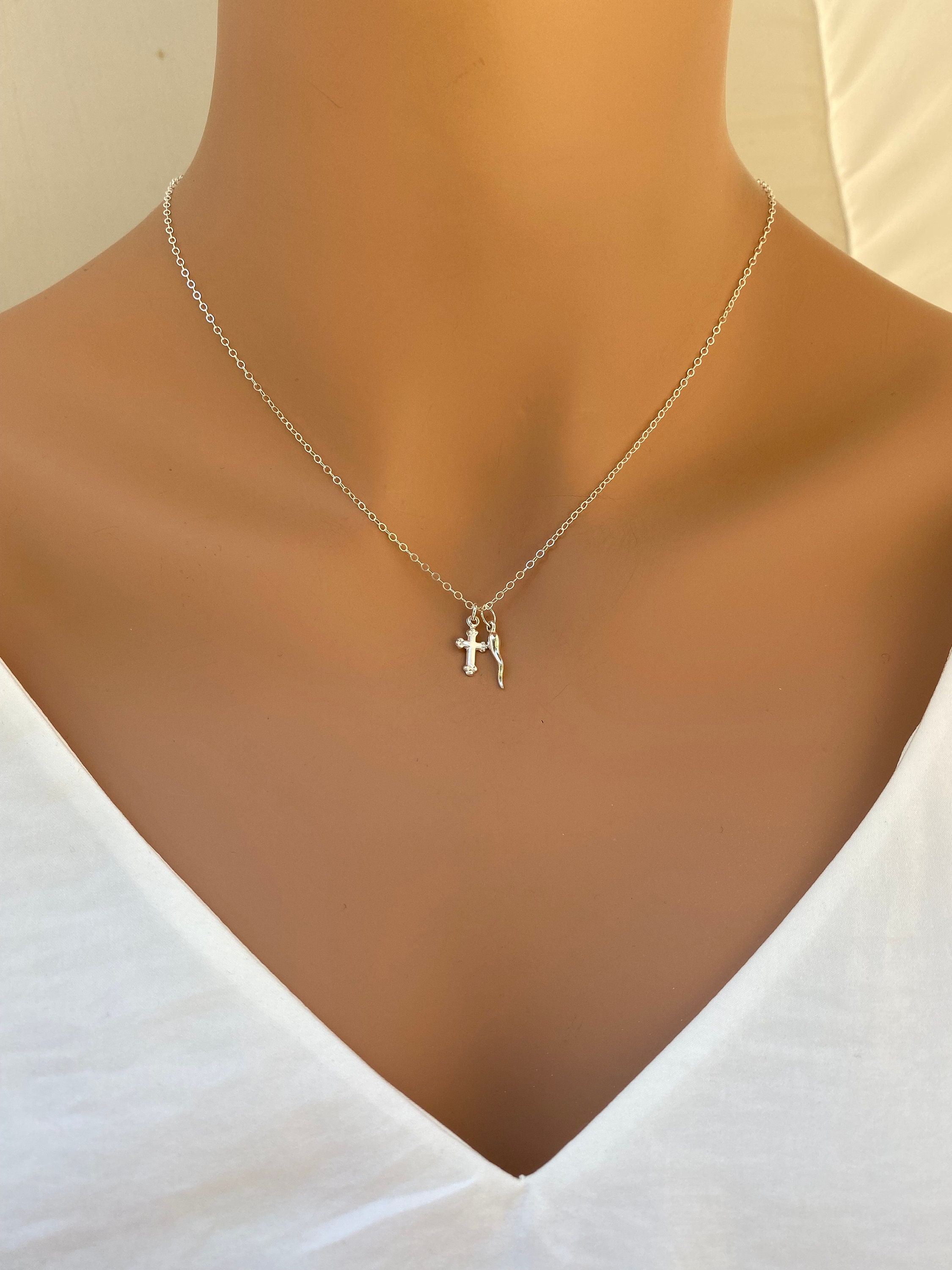 Tiny Italian Horn & Cross Pendant, 14k Gold Fill / Sterling Silver Tiny ...