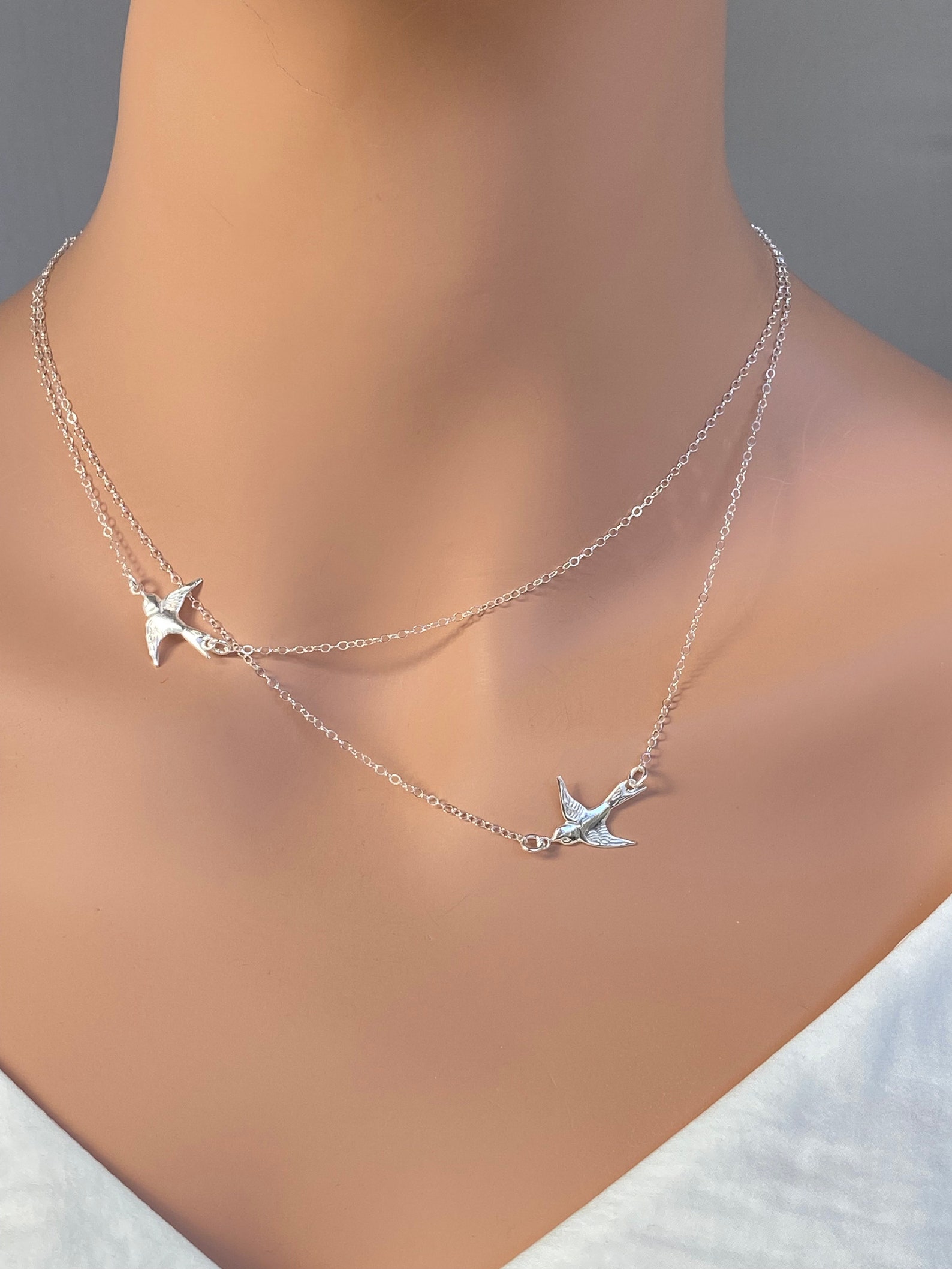 Flying Birds Necklace, 14k Gold Fill/ Sterling Silver Layer Necklace ...