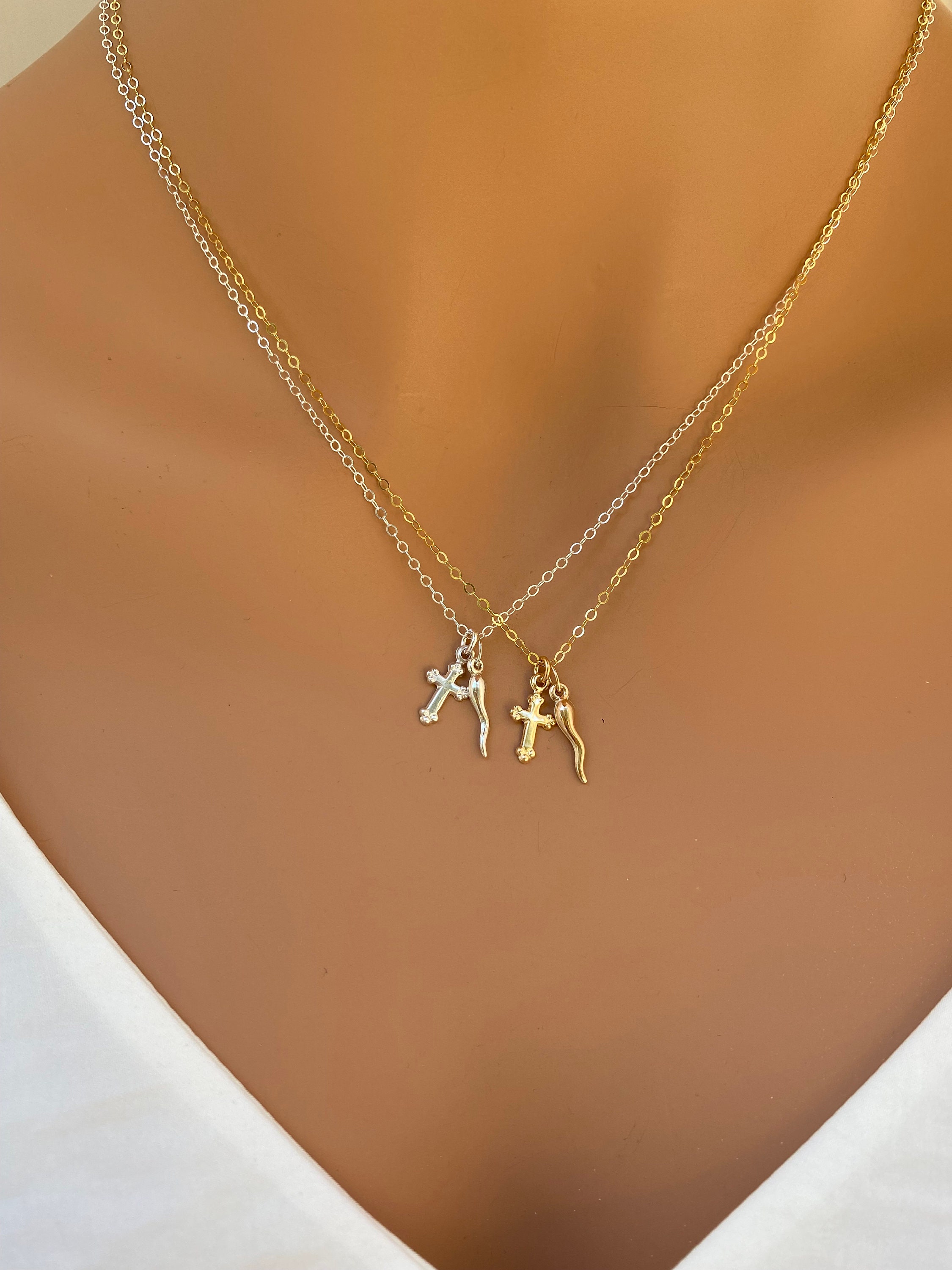 Tiny Italian Horn & Cross Pendant, 14k Gold Fill / Sterling Silver Tiny ...