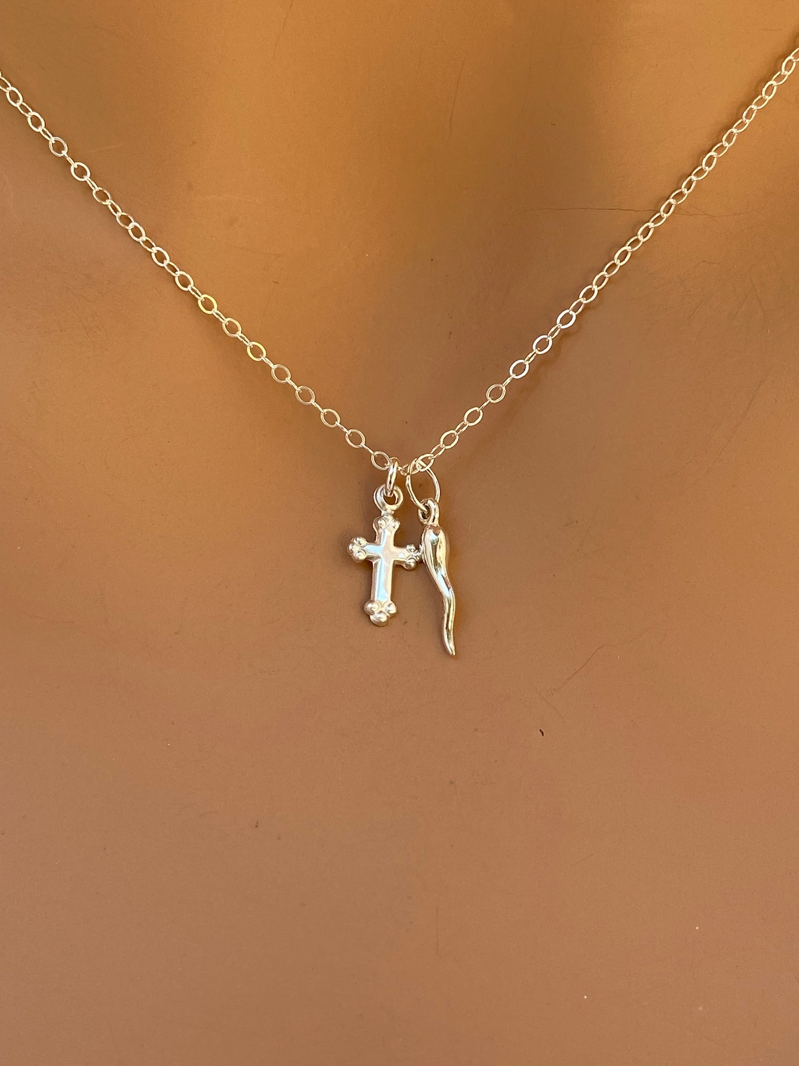 Tiny Italian Horn & Cross Pendant, 14k Gold Fill / Sterling Silver Tiny ...