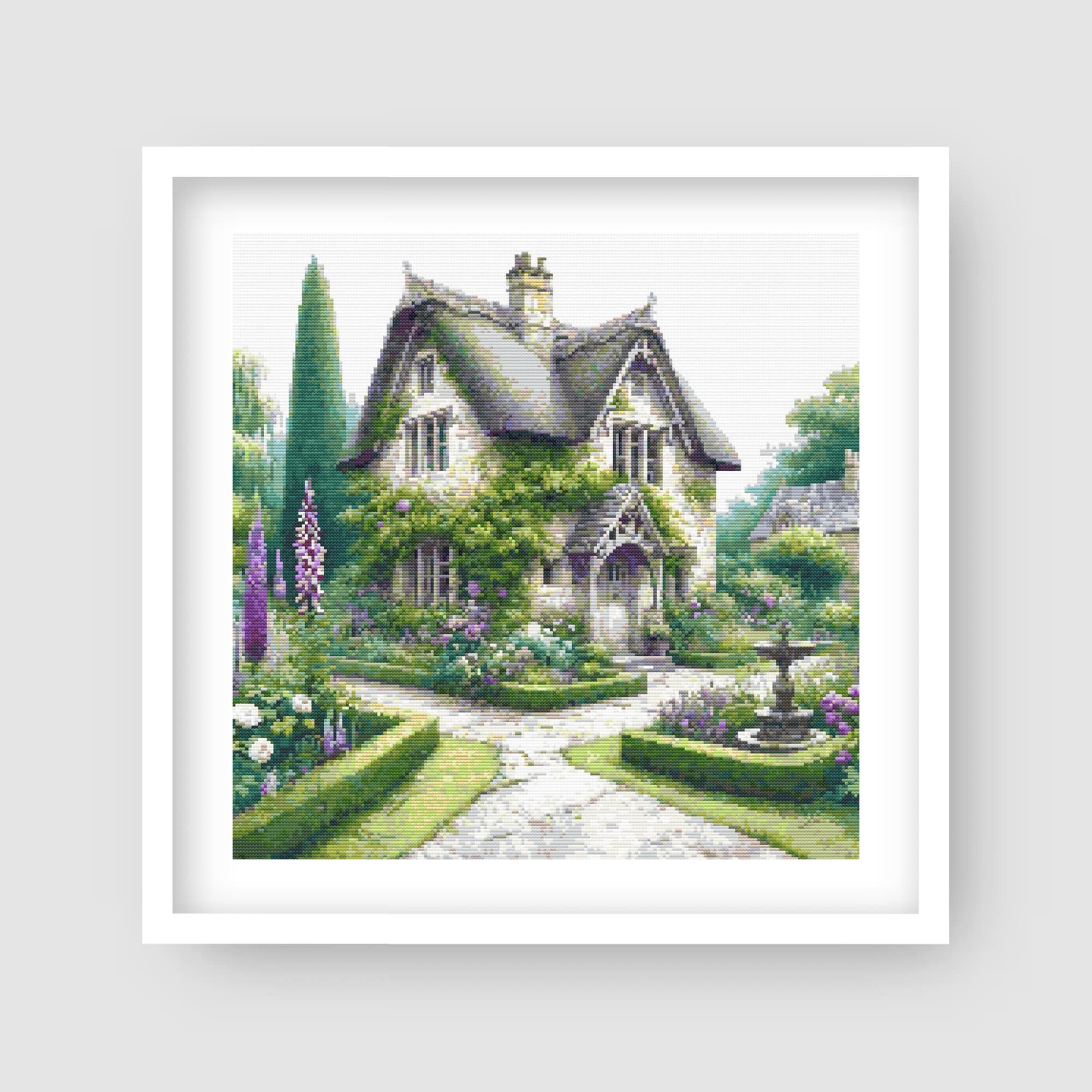 Charming English Cottage Cross Stitch Pattern – Floral Lush Landscape ...