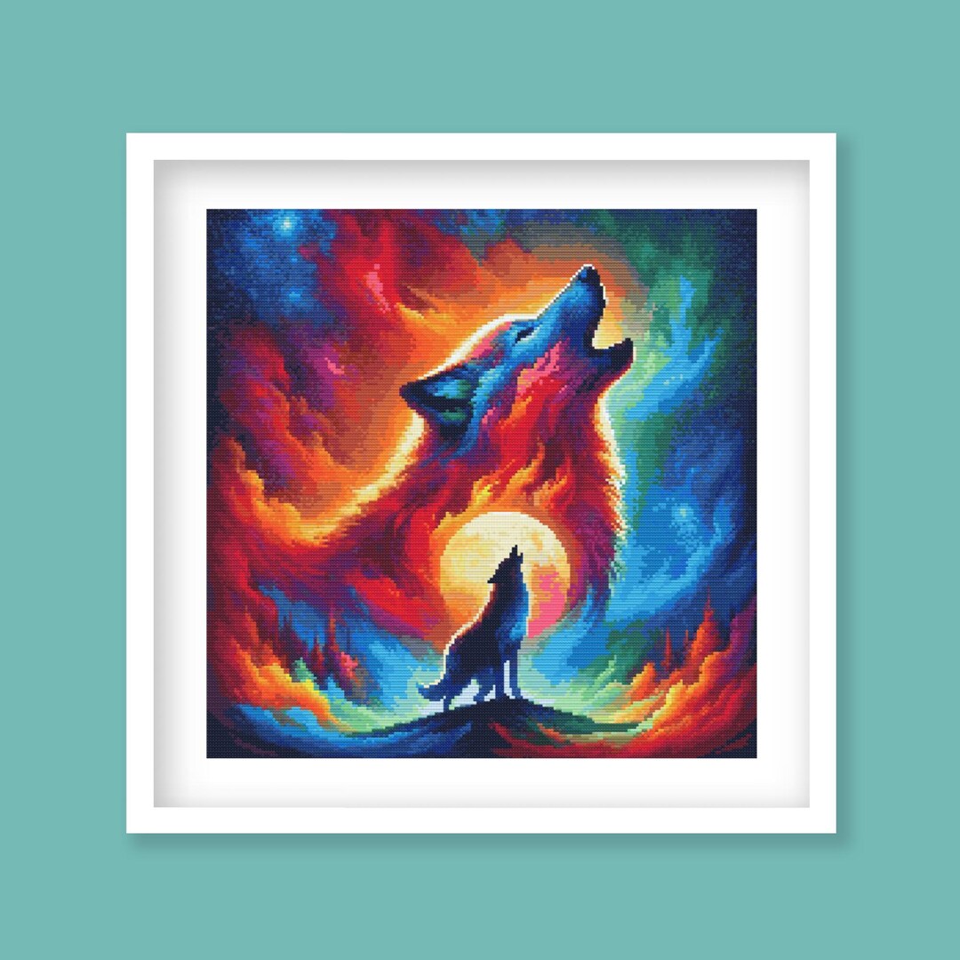 Wolf Cross Stitch Pattern - Bright Howling Wolf Embroidery. Vibrant ...