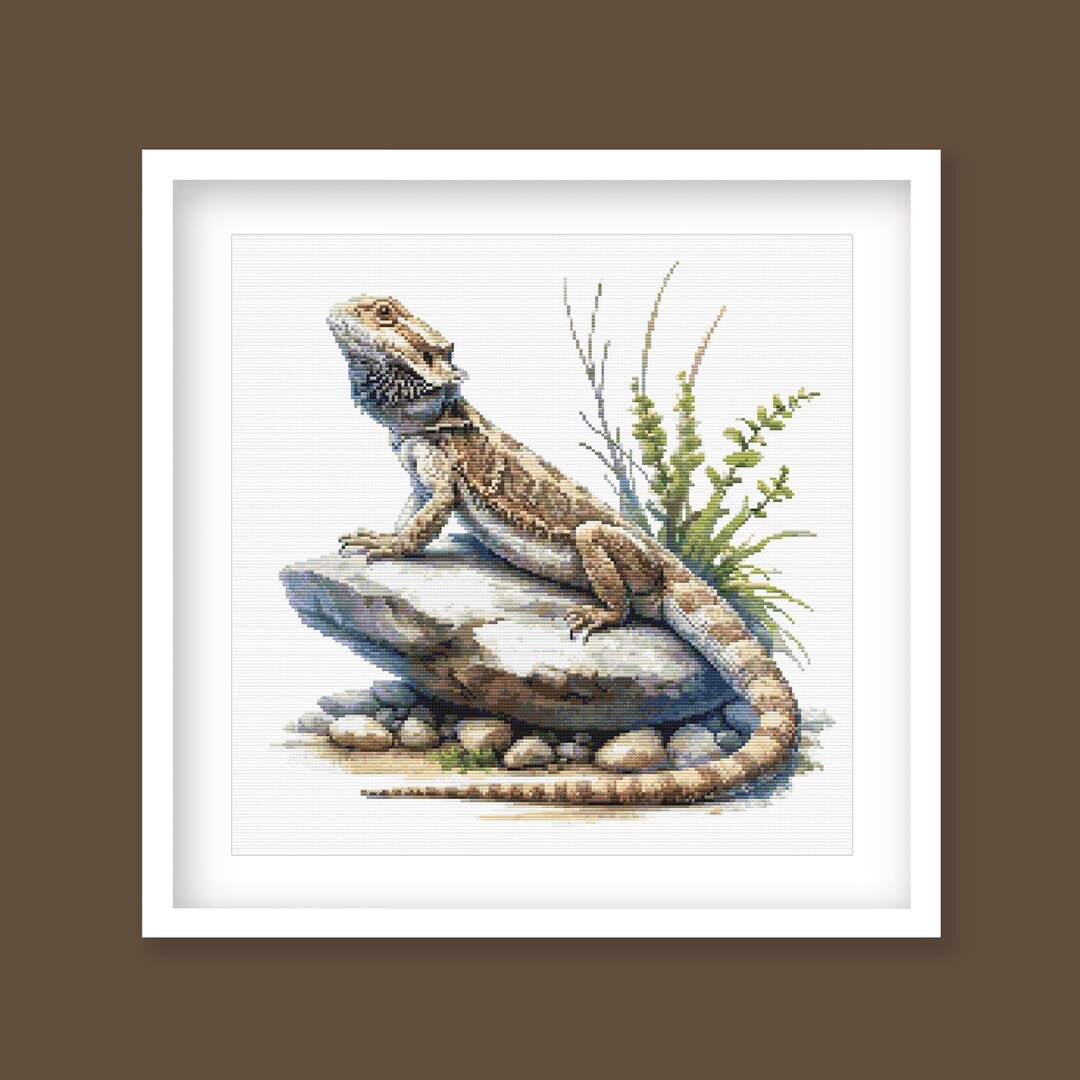Bearded Dragon Lizard Cross Stitch Pattern - Detailed Reptile Design for DIY Needlecraft Project ...