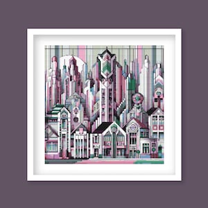 Art Deco City Cross Stitch Pattern, Geometric Skyline Embroidery ...
