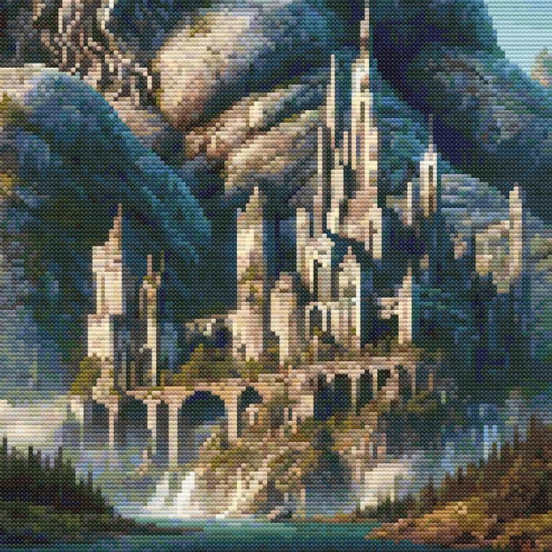 Majestic Petrified Giant and Castle Cross Stitch Pattern – Fantasy Landscape Cross Stitch Design ...