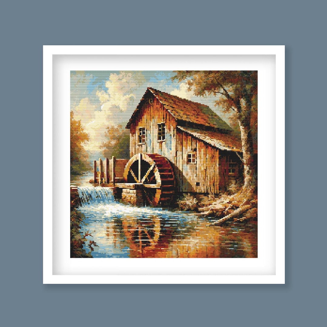 Rustic Watermill Cross Stitch Pattern – Vintage Water Wheel Barn ...