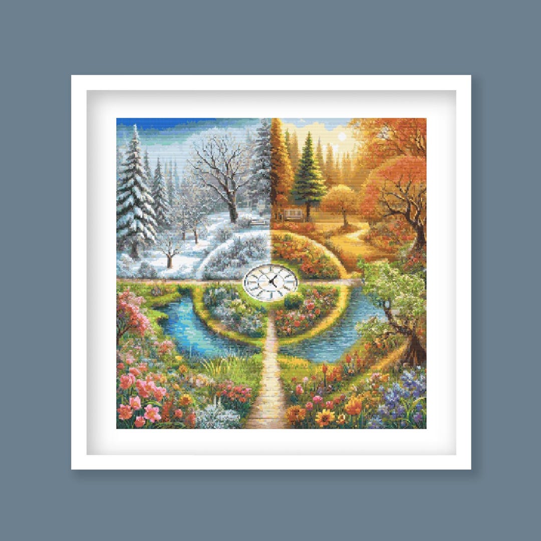 A Stitch in Time Cross Stitch Pattern - Seasonal Garden Landscape, Four Seasons Embroidery ...